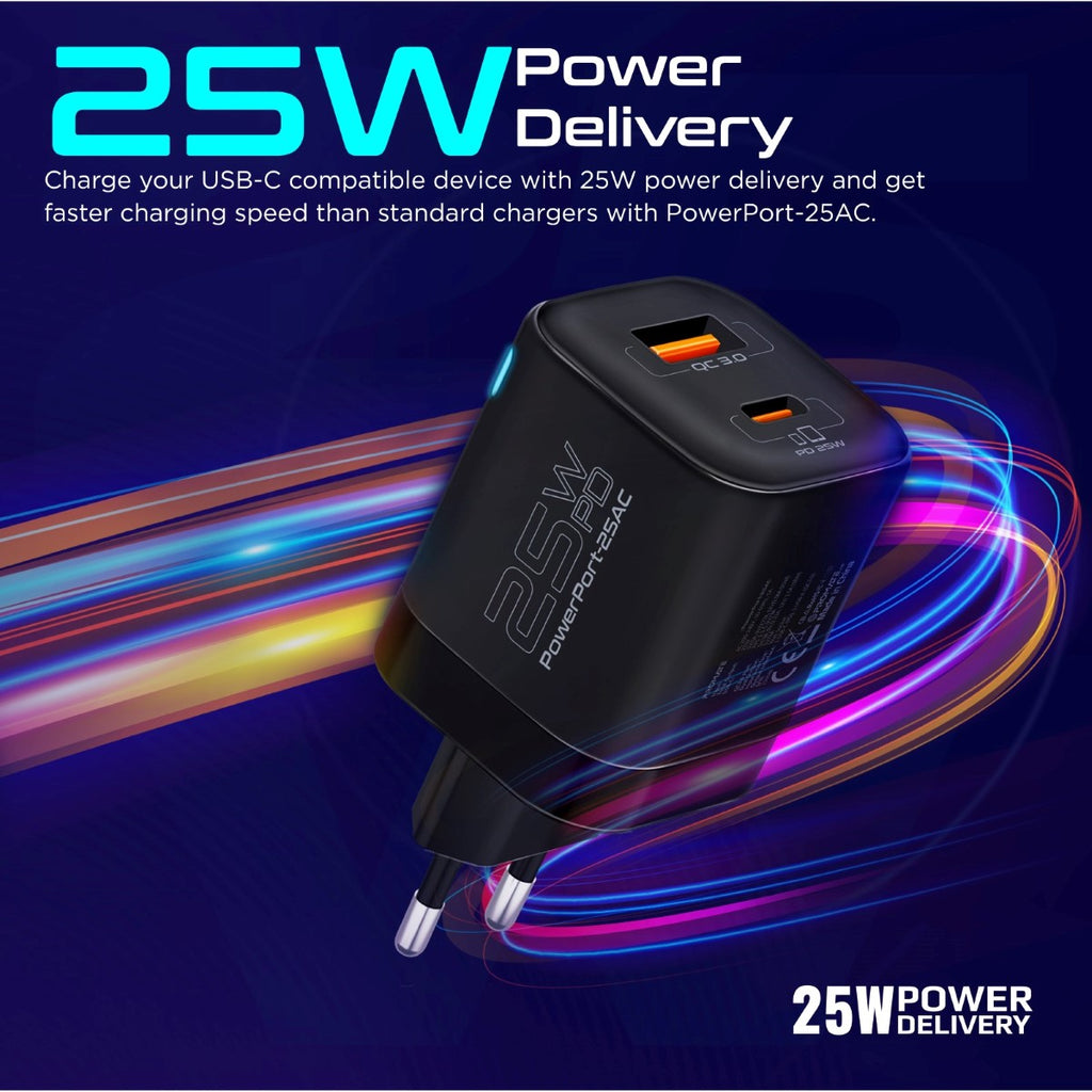 Ultra-Fast Dual Port AC Charger with 25W Power Delivery and QC 3.0 ...