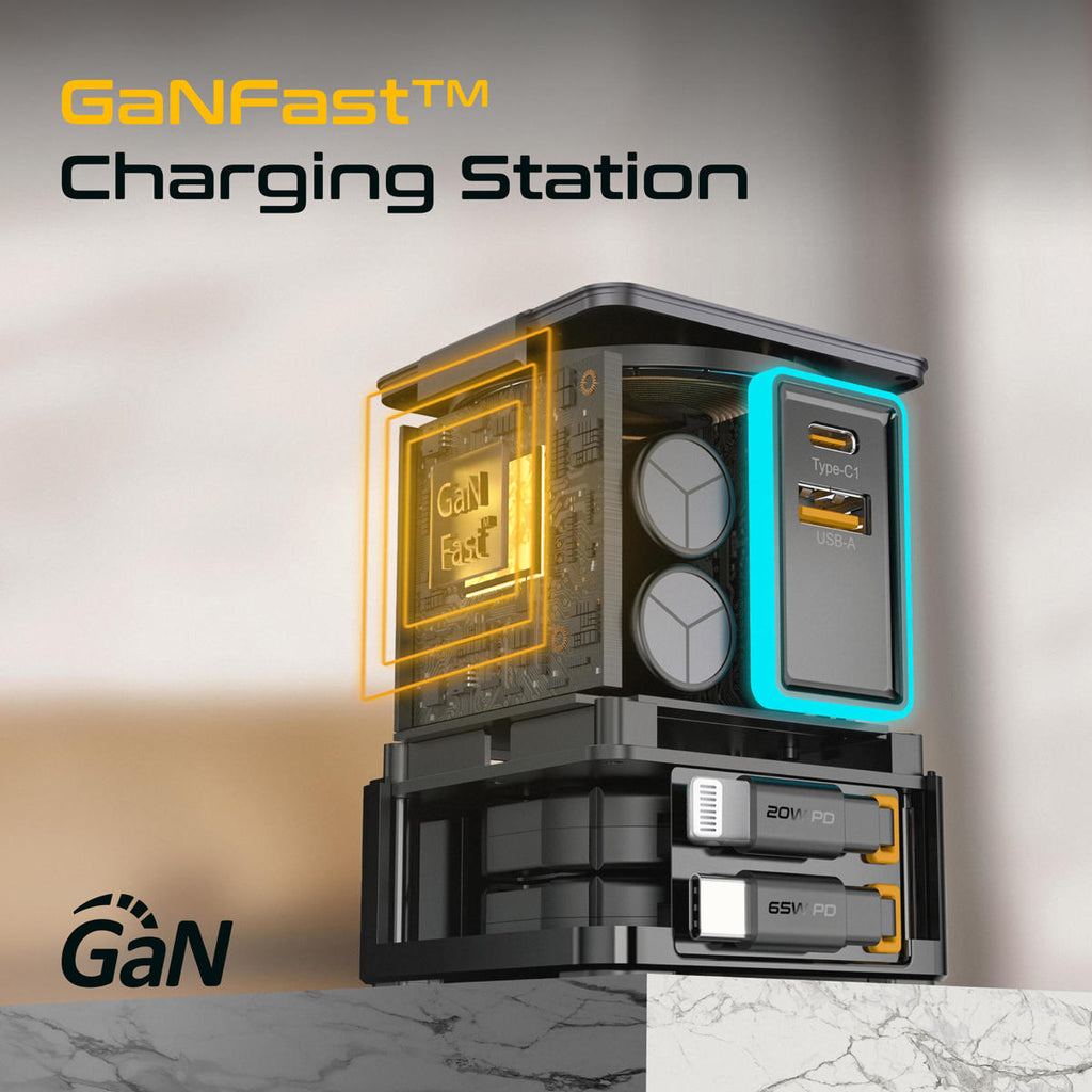 105W GaNFast™ Multi-Port Wireless Charging Station with Dual Retractab ...