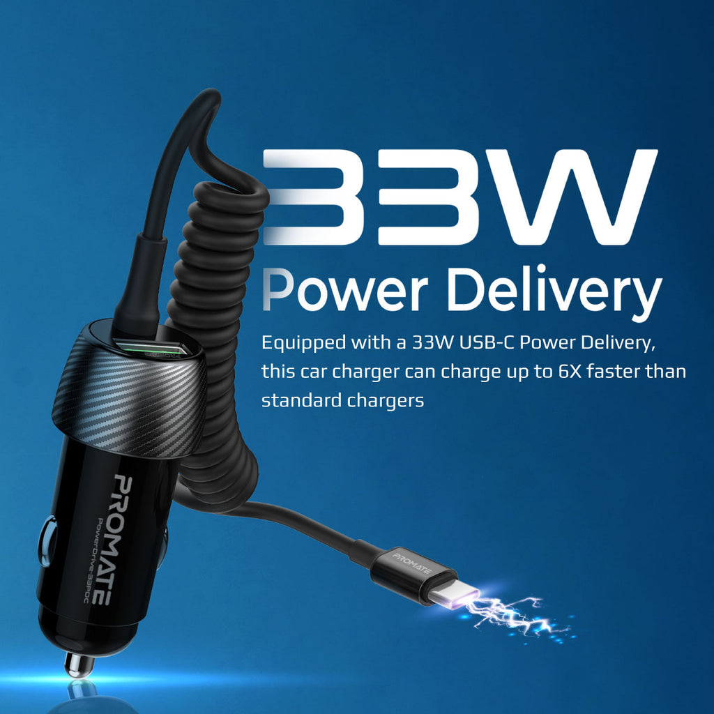 33W Quick Charging Car Charger with USB-C Cable – Promate Technologies