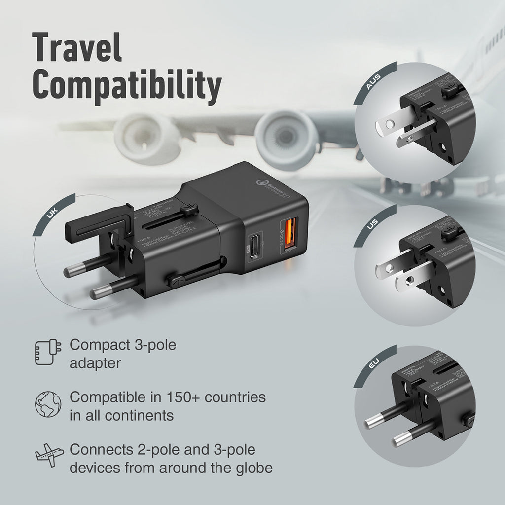 Sleek Universal Travel Adapter with 20W Power Delivery & Quick Charge ...